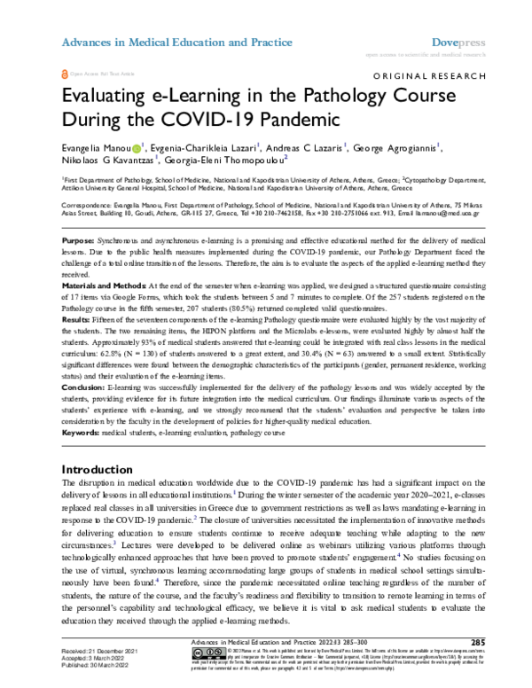 (PDF) Evaluating e-Learning in the Pathology Course During the COVID-19 Pandemic