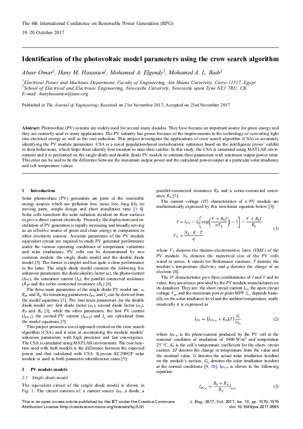(PDF) Identification of photovoltaic model parameters by Differential ...