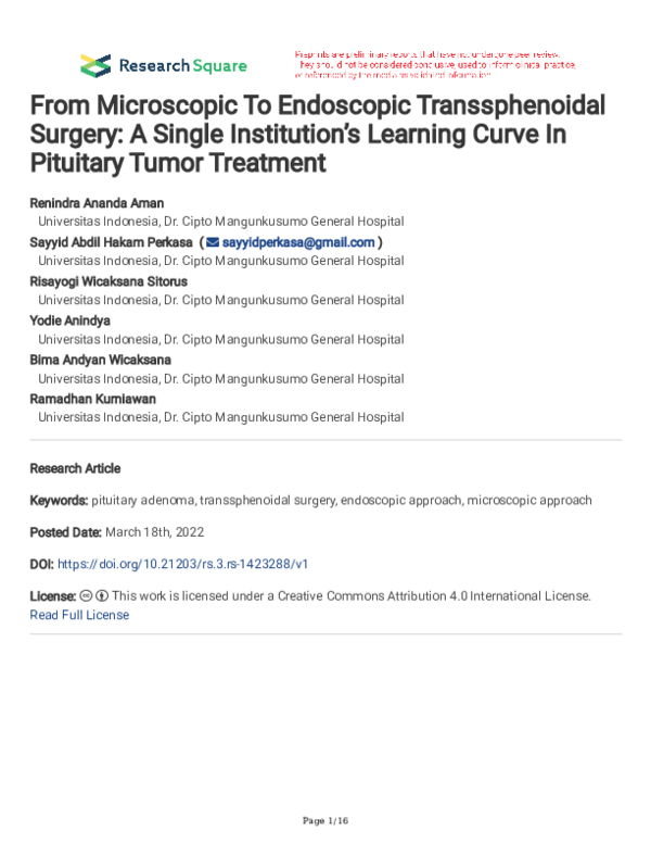(PDF) From Microscopic To Endoscopic Transsphenoidal Surgery: A Single Institution’s Learning ...