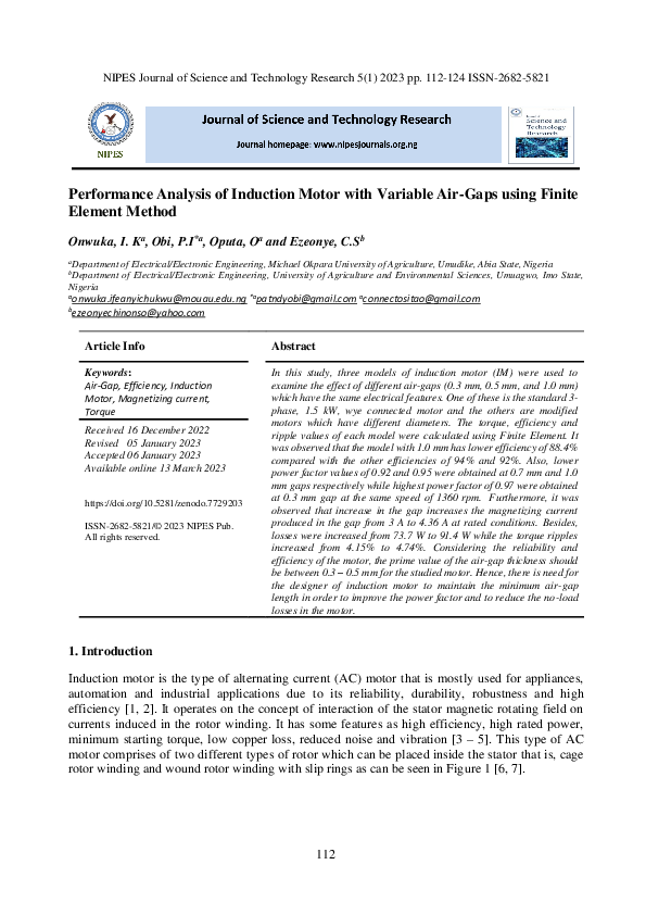 Pdf Performance Analysis Of Induction Motor With Variable Air Gaps