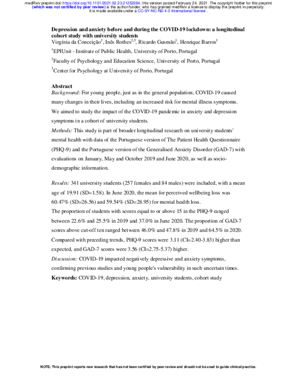(PDF) Depression and anxiety before and during the COVID-19 lockdown: a ...