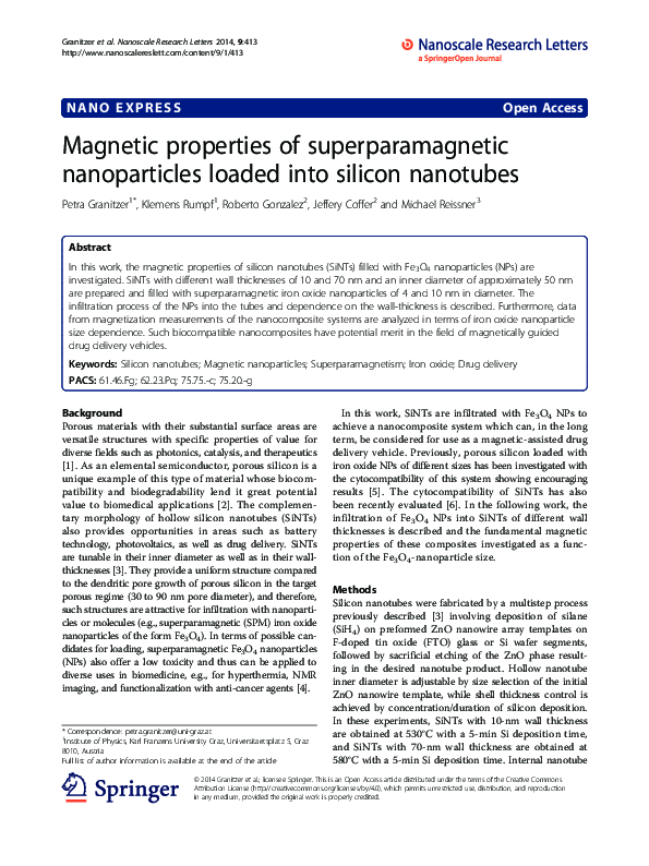 (PDF) Magnetic properties of superparamagnetic nanoparticles loaded into silicon nanotubes
