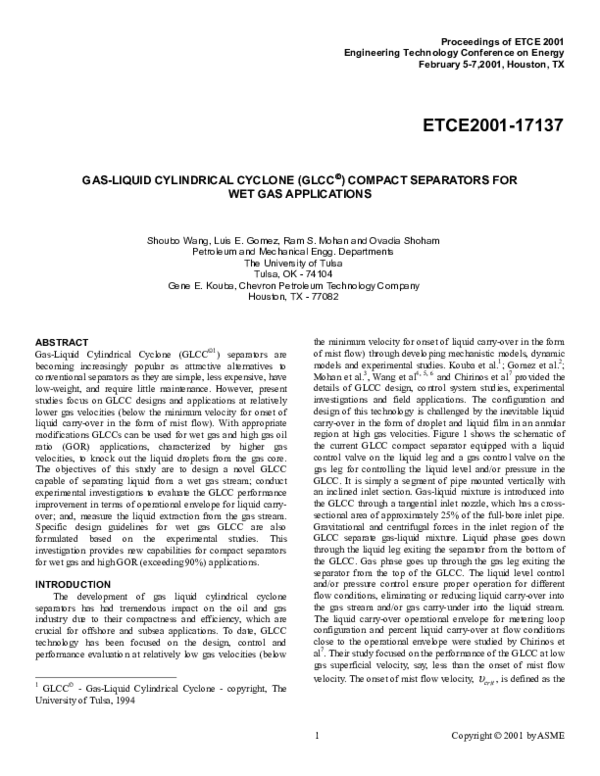 (PDF) Gas-Liquid Cylindrical Cyclone (GLCC©) Compact Separators For Wet ...