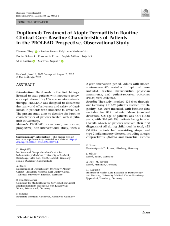 (PDF) Dupilumab Treatment of Atopic Dermatitis in Routine Clinical Care: Baseline ...