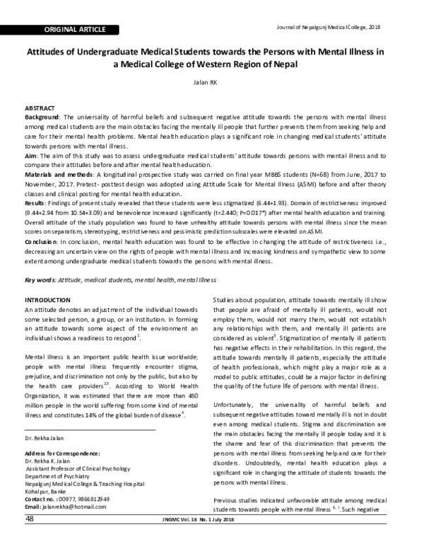 (PDF) Attitudes of Undergraduate Medical Students towards the Persons with Mental Illness in a ...