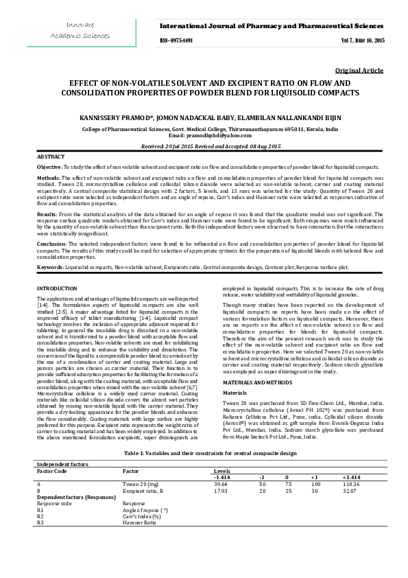 (PDF) EFFECT OF NON-VOLATILE SOLVENT AND EXCIPIENT RATIO ON FLOW AND ...