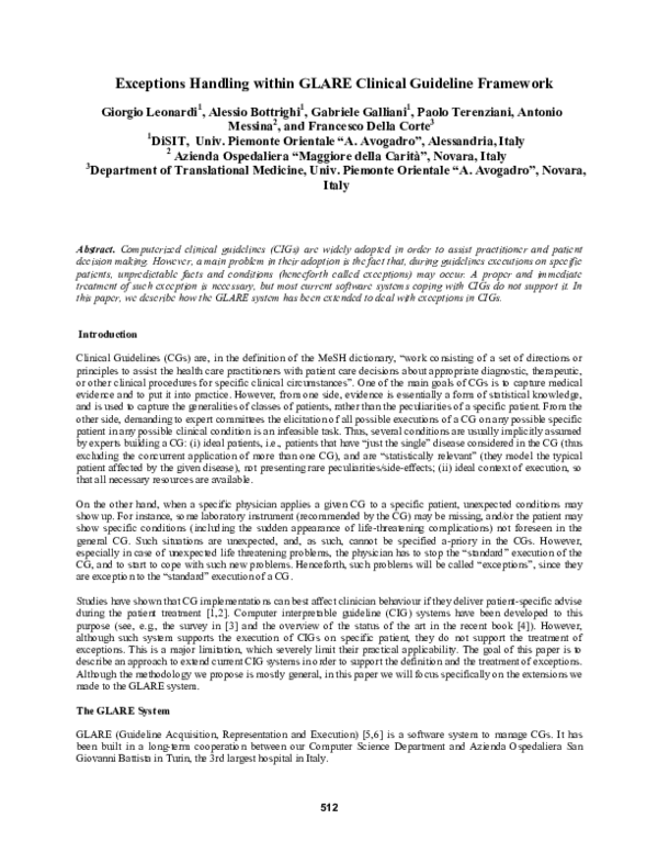 (PDF) Exceptions handling within GLARE clinical guideline framework (PDF) Exceptions handling within GLARE clinical guideline framework