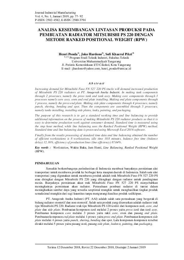 (PDF) Analisa Keseimbangan Lintasan Produksi Pada Pembuatan Radiator ...