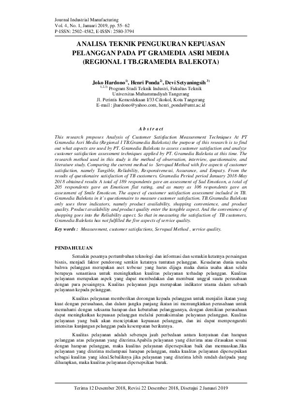 (PDF) Analisa Teknik Pengukuran Kepuasan Pelanggan Pada PT Gramedia Asri Media (Regional I TB ...