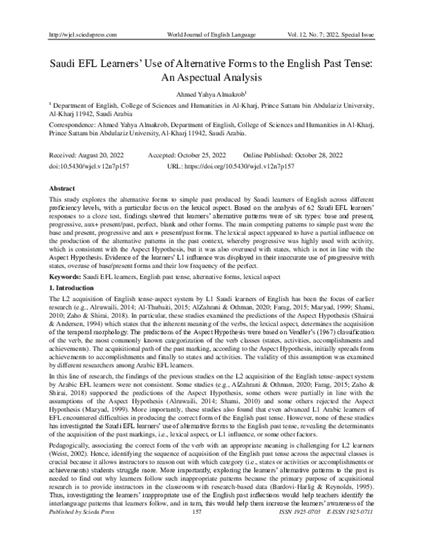 (PDF) Saudi EFL Learners’ Use of Alternative Forms to the English Past ...