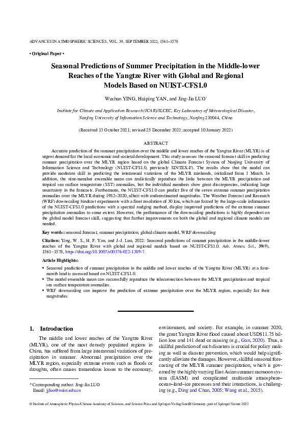 Pdf Seasonal Predictions Of Summer Precipitation In The Middle Lower Reaches Of The Yangtze