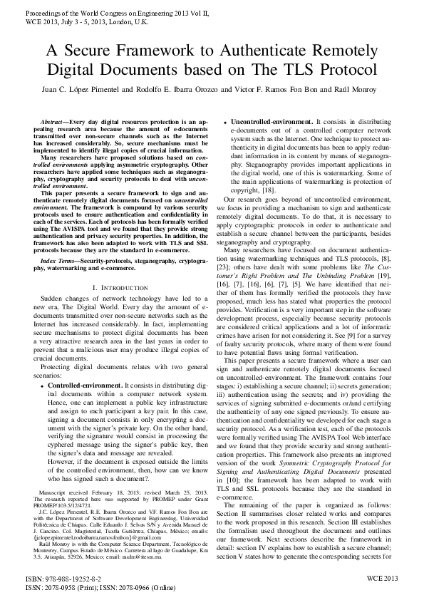 (PDF) A Secure Framework to Authenticate Remotely Digital Documents based on The TLS Protocol