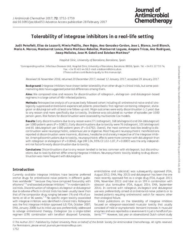(PDF) Tolerability of integrase inhibitors in a real-life setting