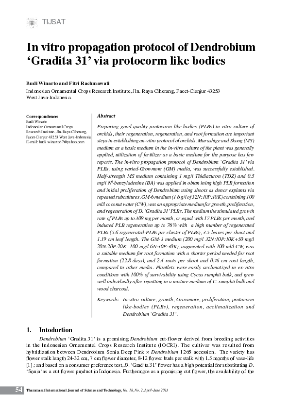 (PDF) In vitro propagation protocol of Dendrobium ‘Gradita 31’ via ...