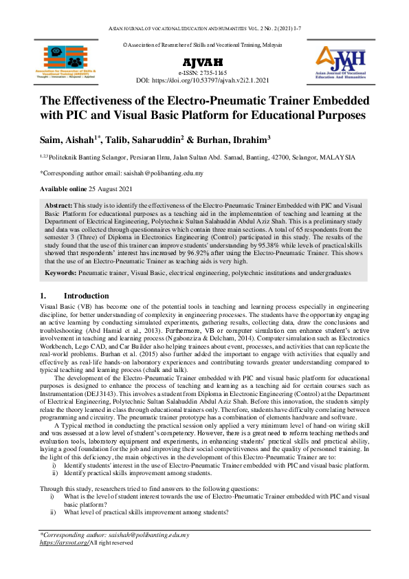 (PDF) The Effectiveness of the Electro-Pneumatic Trainer Embedded with PIC and Visual Basic ...