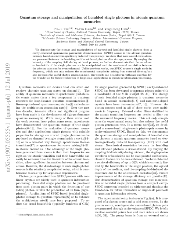 (PDF) Quantum storage and manipulation of heralded single photons in atomic memories based on ...