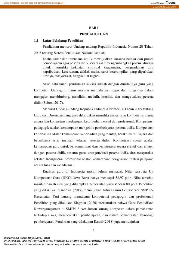 (PDF) Persepsi Mahasiswa Program Studi Pendidikan Teknik Mesin Terhadap Empat Pilar Kompetensi Guru