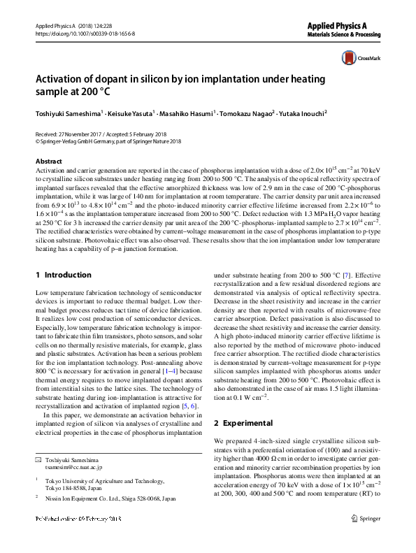 (PDF) Activation of dopant in silicon by ion implantation under heating ...
