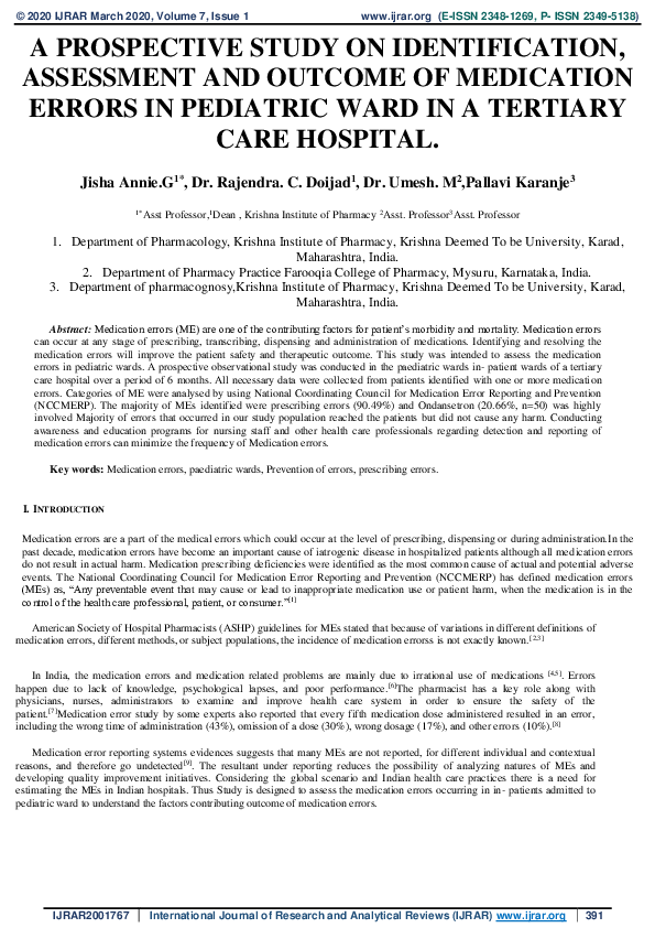 (PDF) A Prospective Study on Identification, Assessment and Outcome of ...