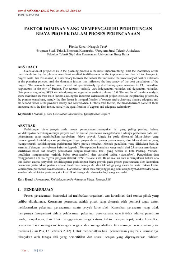 (PDF) Faktor Dominan Yang Mempengaruhi Perhitungan Biaya Proyek Dalam ...