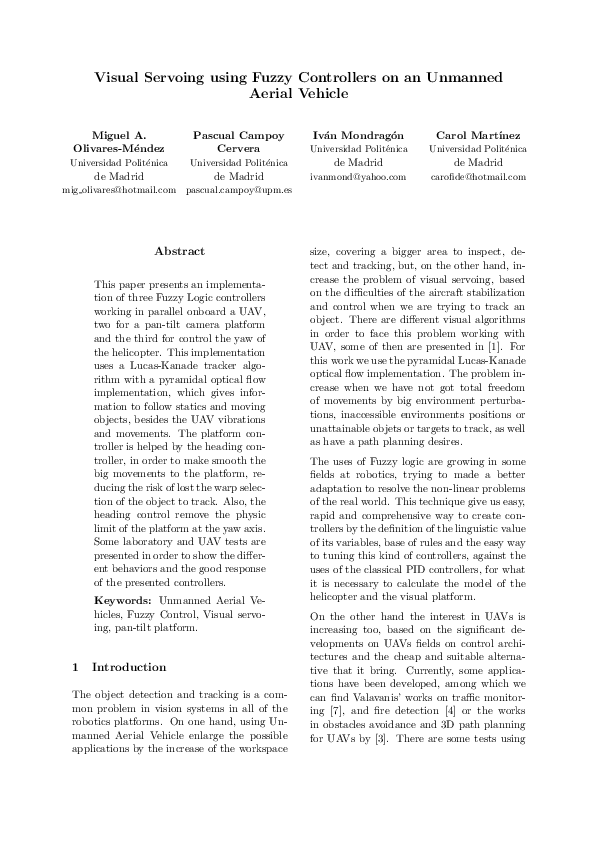 (PDF) Visual servoing using fuzzy controllers on an unmanned aerial ...