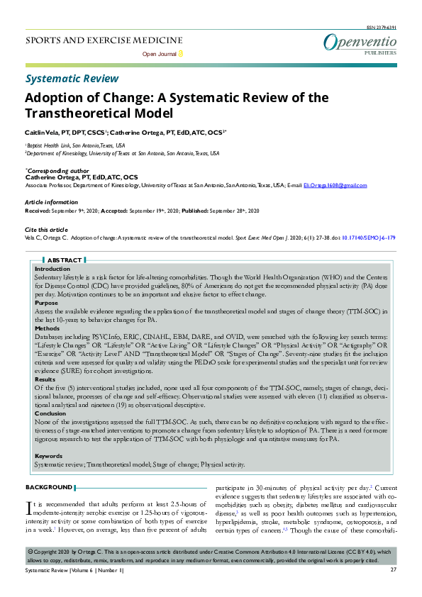 (PDF) Adoption of Change: A Systematic Review of the Transtheoretical Model