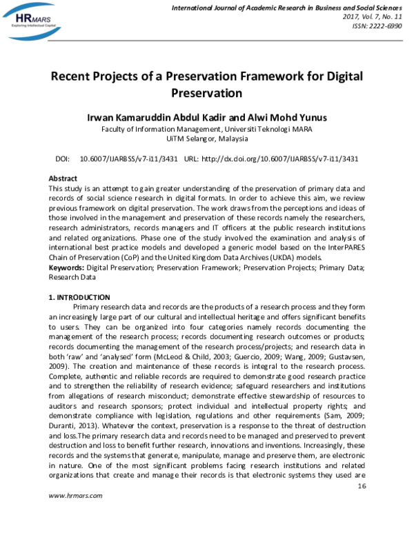(PDF) Recent Projects of a Preservation Framework for Digital Preservation