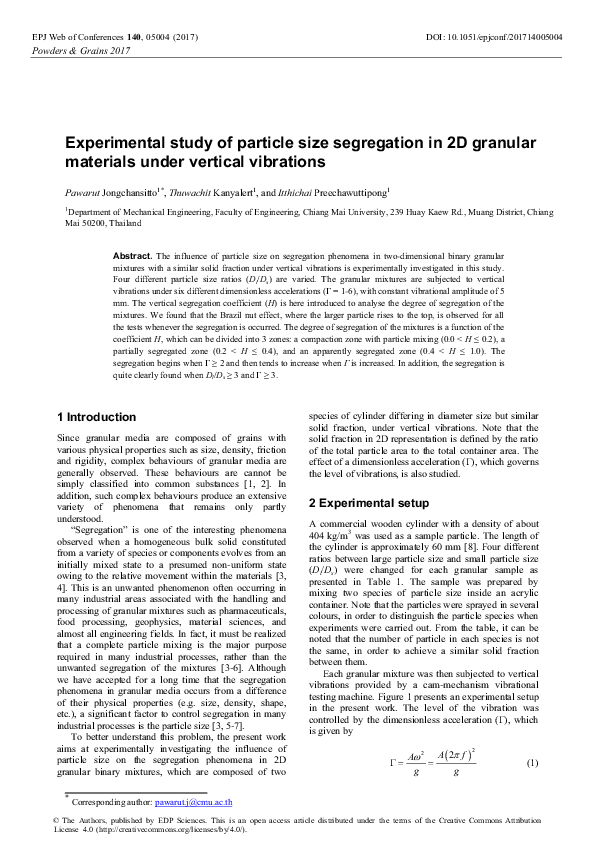 (PDF) Experimental study of particle size segregation in 2D granular materials under vertical ...