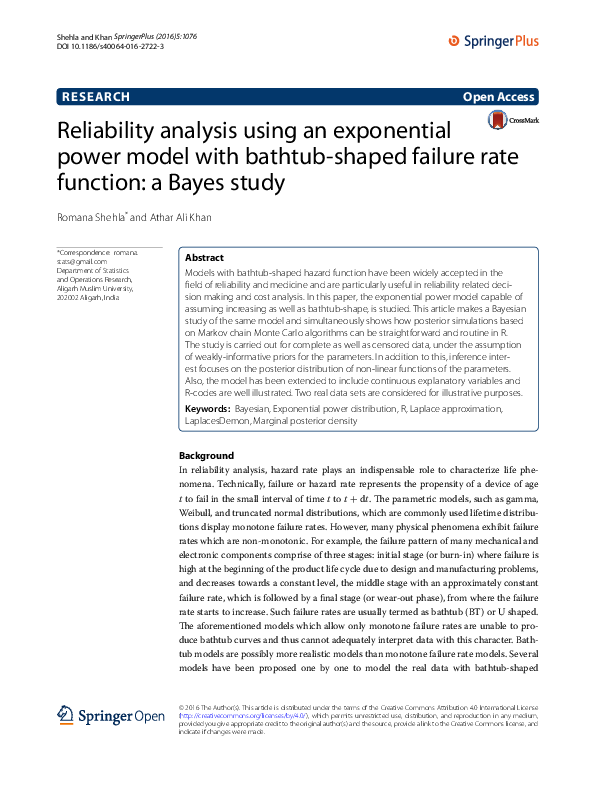(PDF) Reliability analysis using an exponential power model with bathtub-shaped failure rate ...