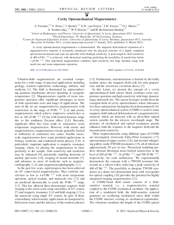 (PDF) Cavity Optomechanical Magnetometer | Halina Rubinsztein-Dunlop ...