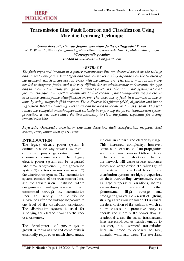 (PDF) Transmission Line Fault Location and Classification Using Machine Learning Technique