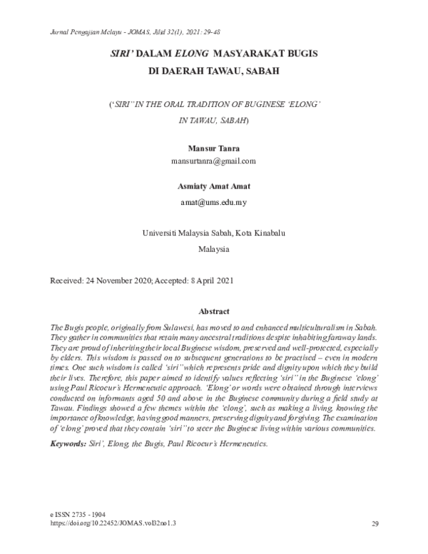 (PDF) Siri’ Dalam Elong Masyarakat Bugis DI Daerah Tawau, Sabah