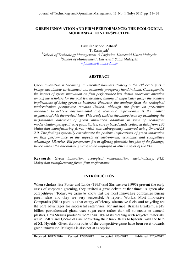 (PDF) Green Innovation Andfirm Performance: The Ecological Modernization Perspective