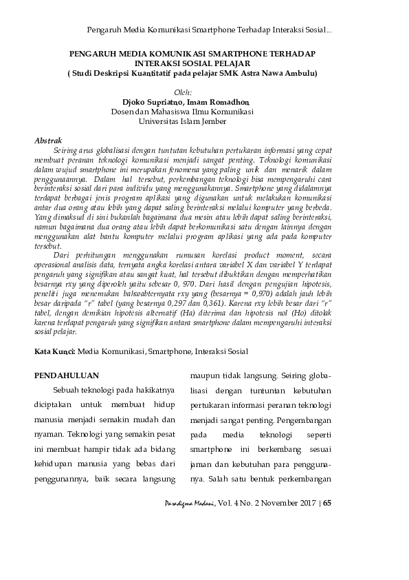 (PDF) Pengaruh Media Komunikasi Smartphone terhadap Interaksi Sosial Pelajar ( Studi Deskripsi ...