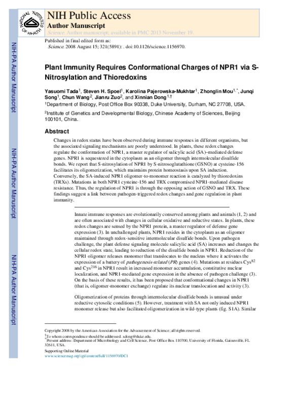 (PDF) Plant Immunity Requires Conformational Charges of NPR1 via S ...