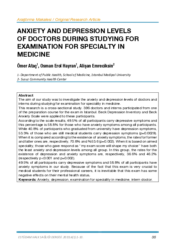 (PDF) Anxiety and Depression Levels of Doctors During Studying for ...