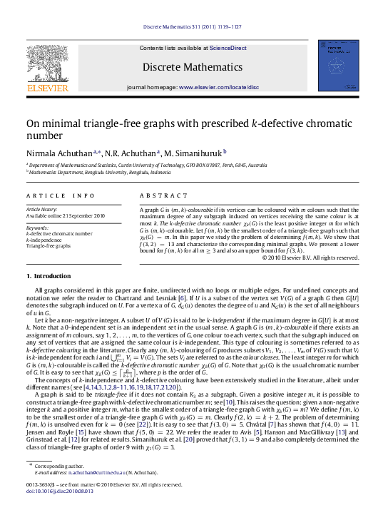 (PDF) On minimal triangle-free graphs with prescribed k-defective ...