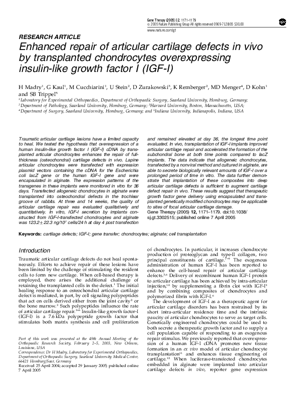 (PDF) Enhanced repair of articular cartilage defects in vivo by ...