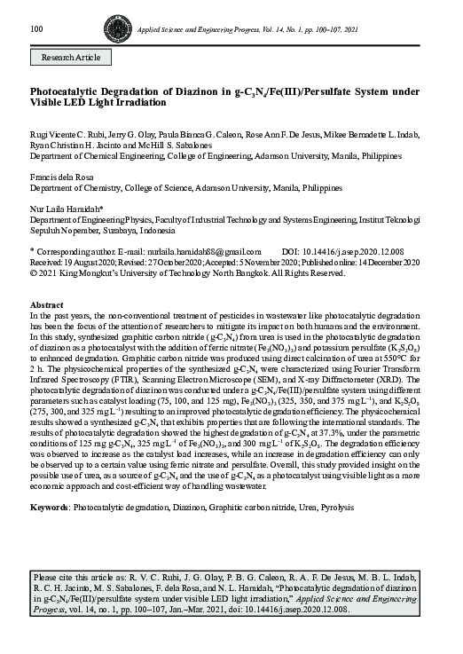 Pdf Photocatalytic Degradation Of Diazinon In G C3n4 Fe Iii