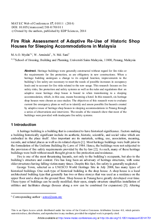 (PDF) Fire Risk Assessment of Adaptive Re-Use of Historic Shop Houses for Sleeping ...