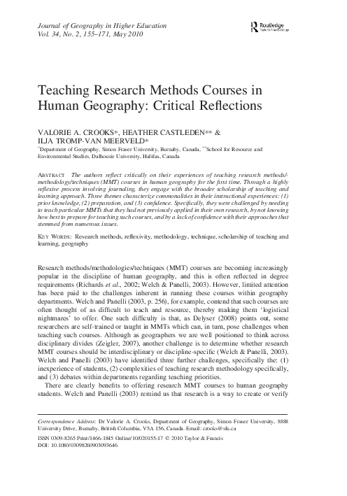 (PDF) Teaching Research Methods Courses in Human Geography: Critical ...