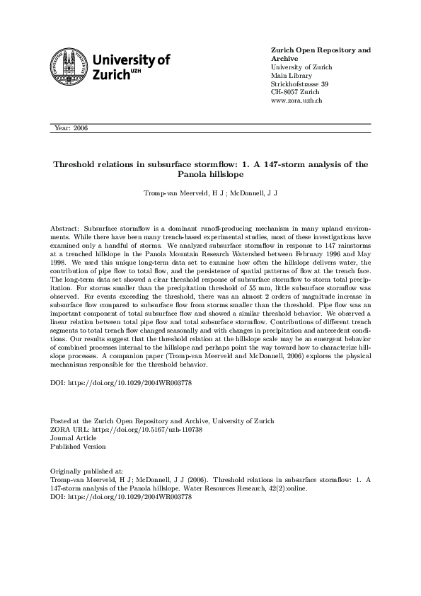 (PDF) Threshold relations in subsurface stormflow: 1. A 147-storm ...