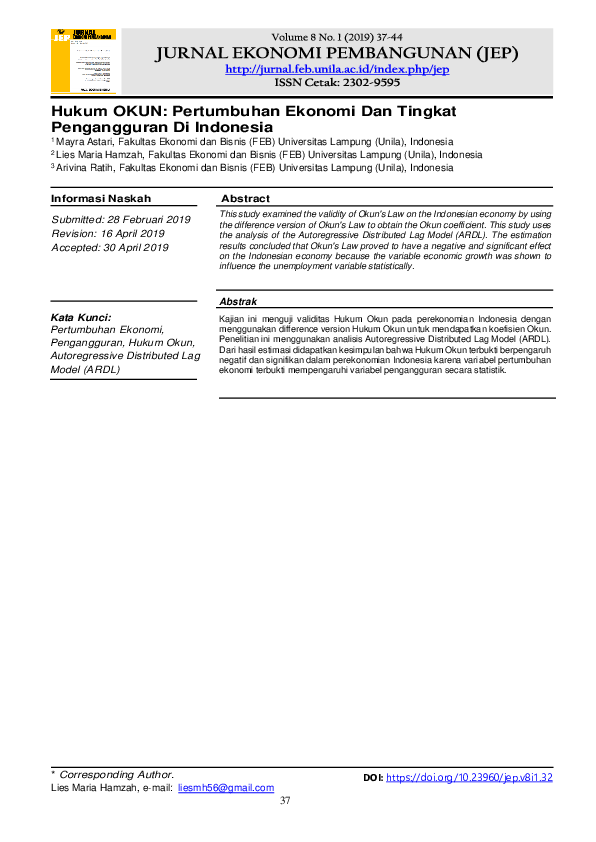 (PDF) Hukum OKUN: Pertumbuhan Ekonomi dan Tingkat Pengangguran di Indonesia