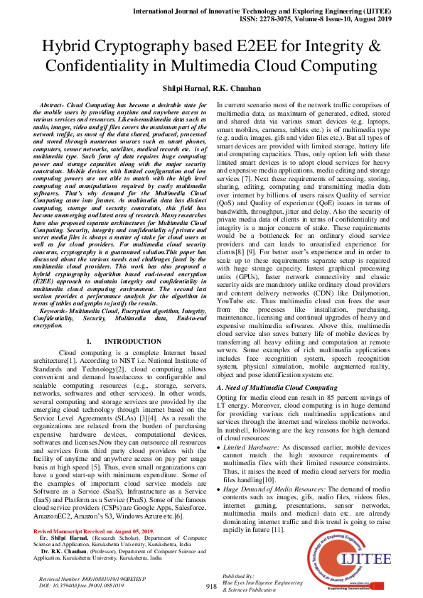 (PDF) Hybrid Cryptography based E2EE for Integrity & Confidentiality in Multimedia Cloud Computing