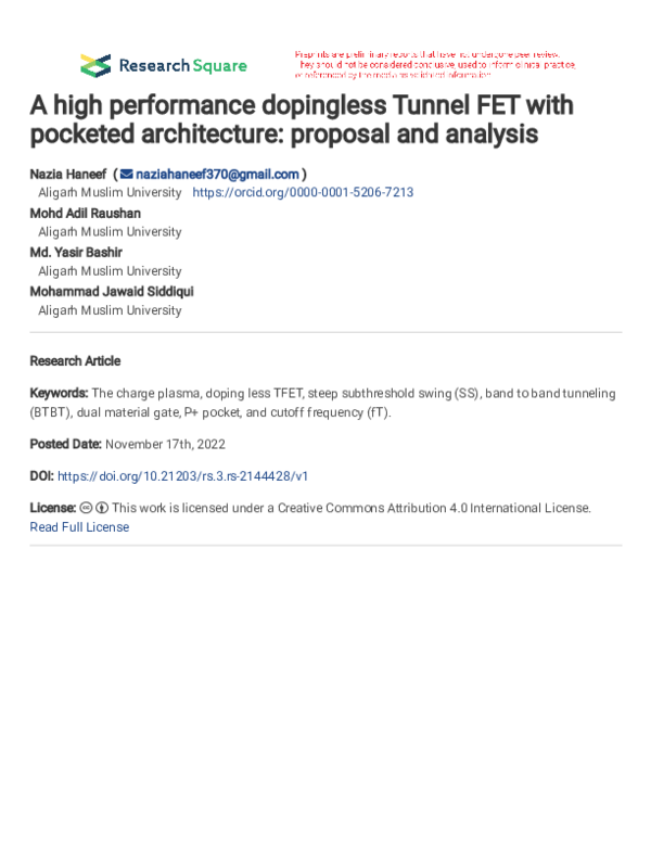 Pdf A High Performance Dopingless Tunnel Fet With Pocketed Architecture Proposal And Analysis