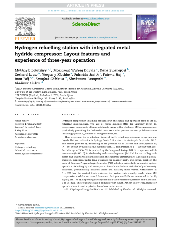(PDF) Hydrogen refuelling station with integrated metal hydride ...