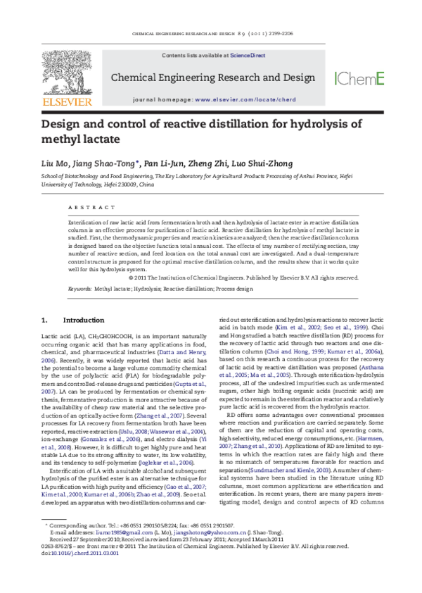 (PDF) Design and control of reactive distillation for hydrolysis of methyl lactate