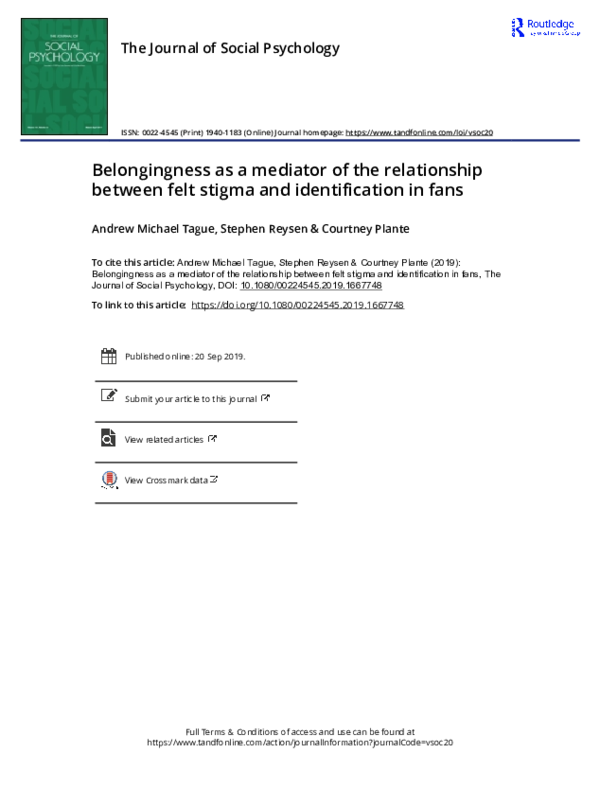 (PDF) Belongingness as a mediator of the relationship between felt ...
