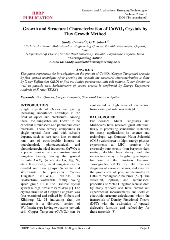 (PDF) Growth and Structural Characterization of CuWO4 Crystals by Flux ...
