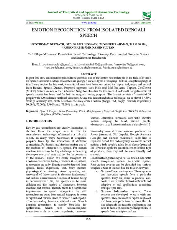 (PDF) Emotion recognition from isolated Bengali speech